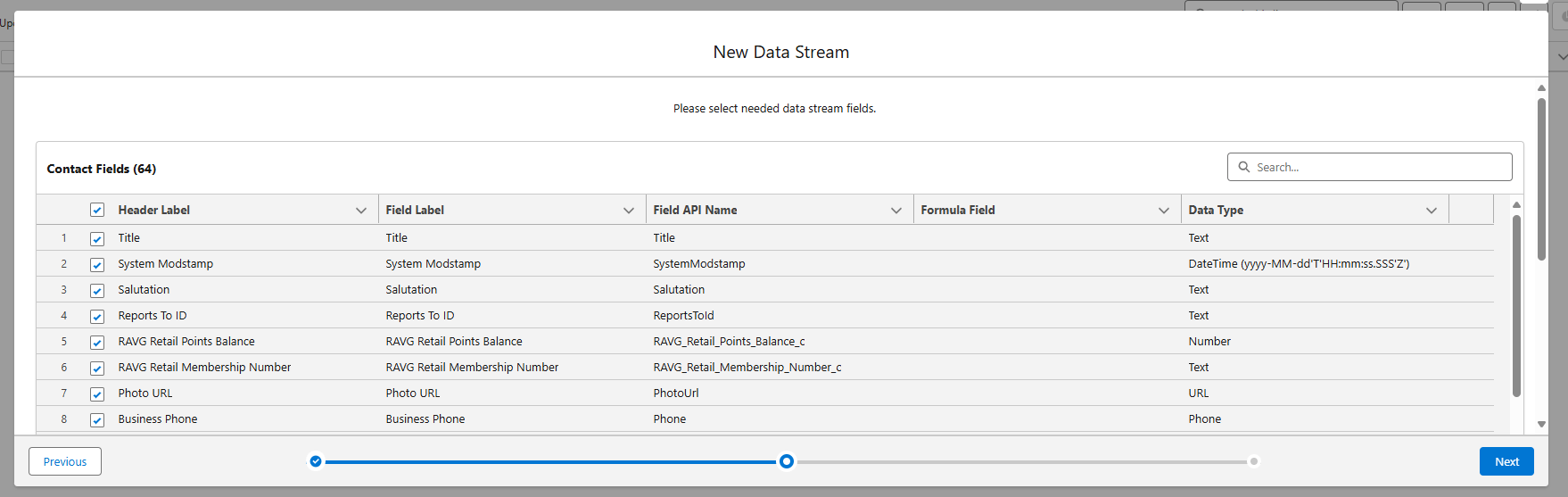 Data Cloud Setting up a data stream fields