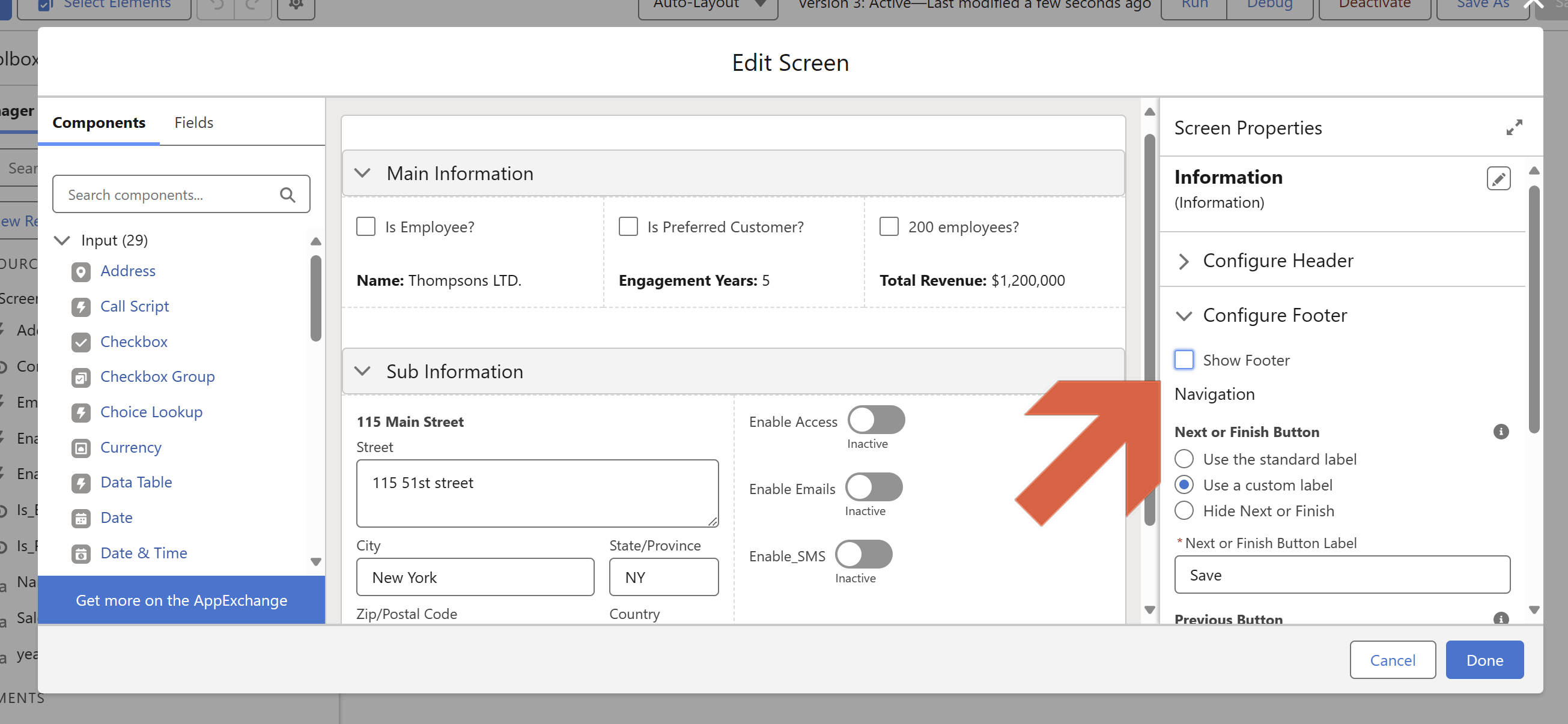 Salesforce screen flow remove footer