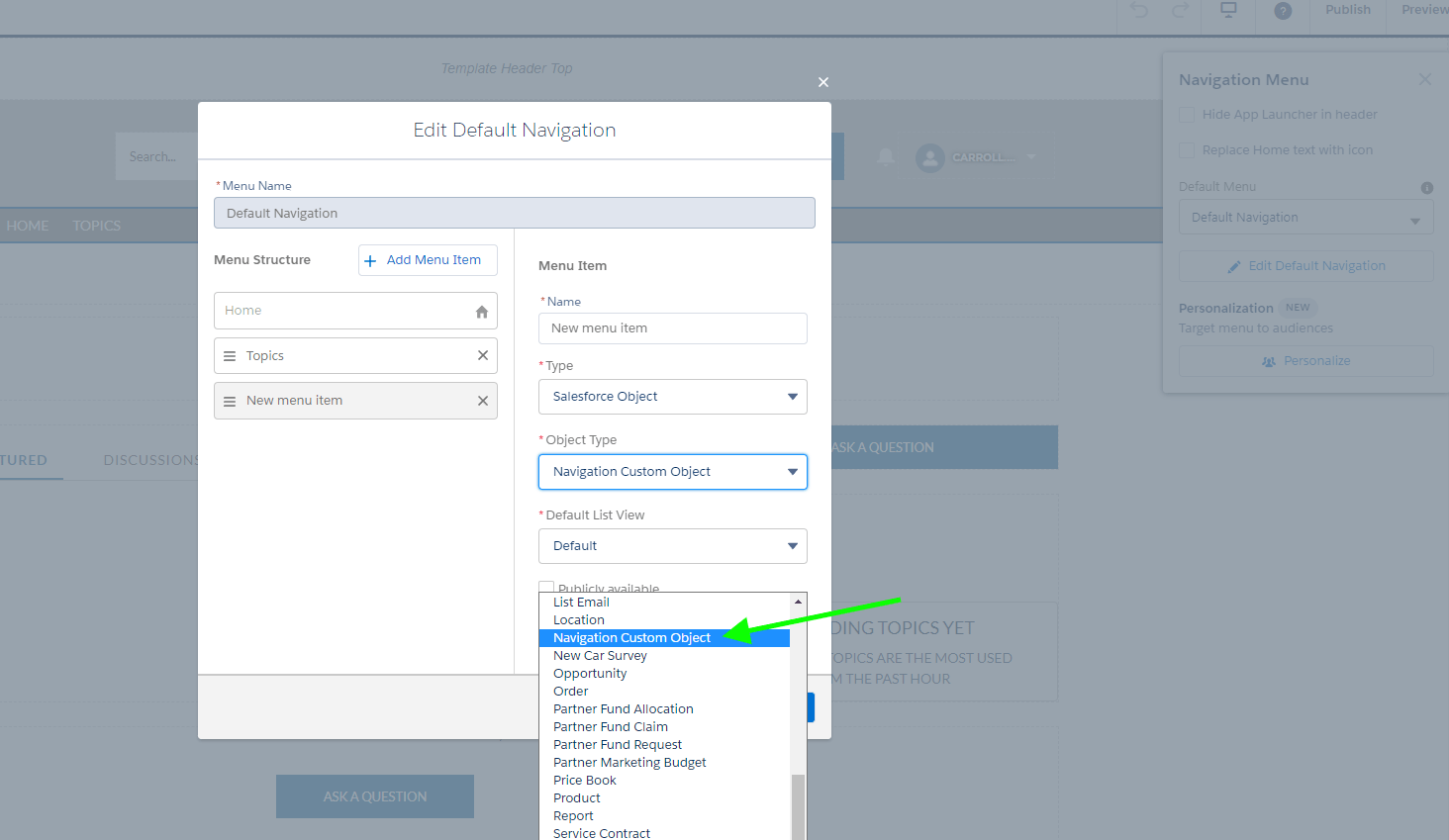 add Custom Object To Community Navigation Example