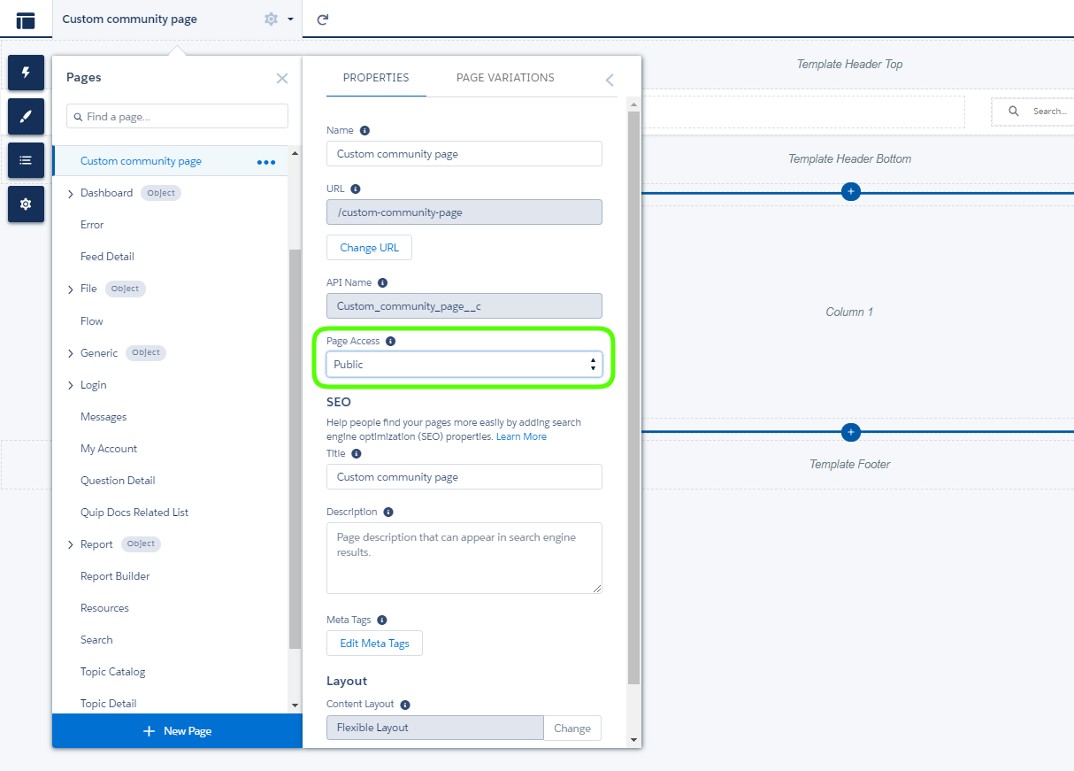Highlight area to set page as public