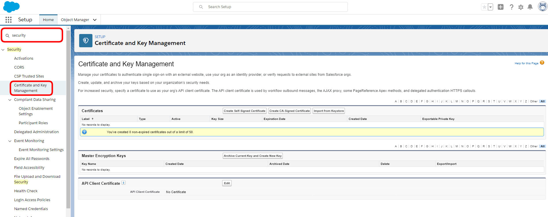 Certificate option in setup