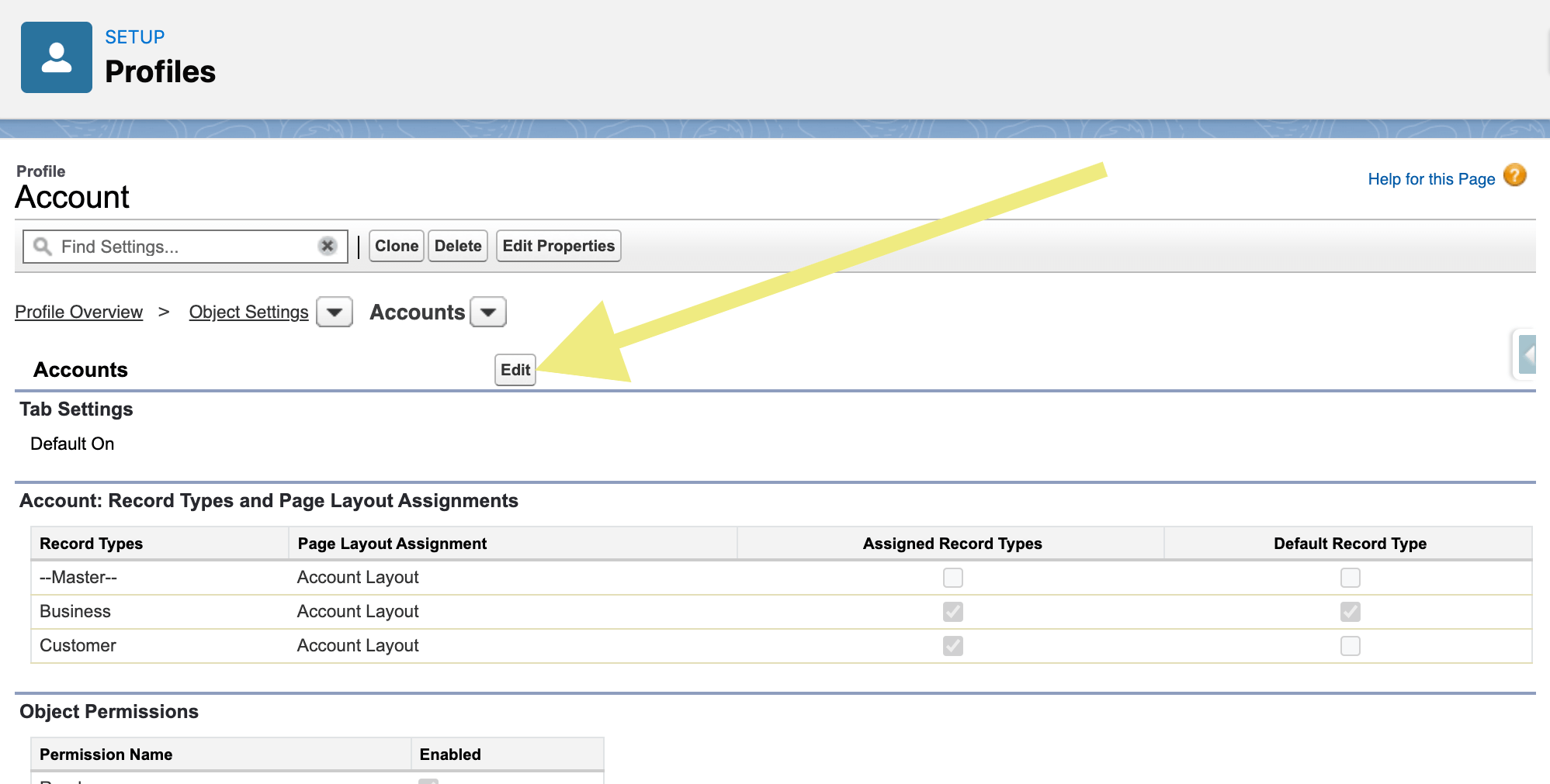 Salesforce profile object security settings page