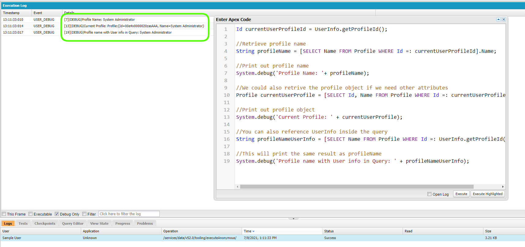 Display Debug Logs For Getting Profile Name Using UserInfo