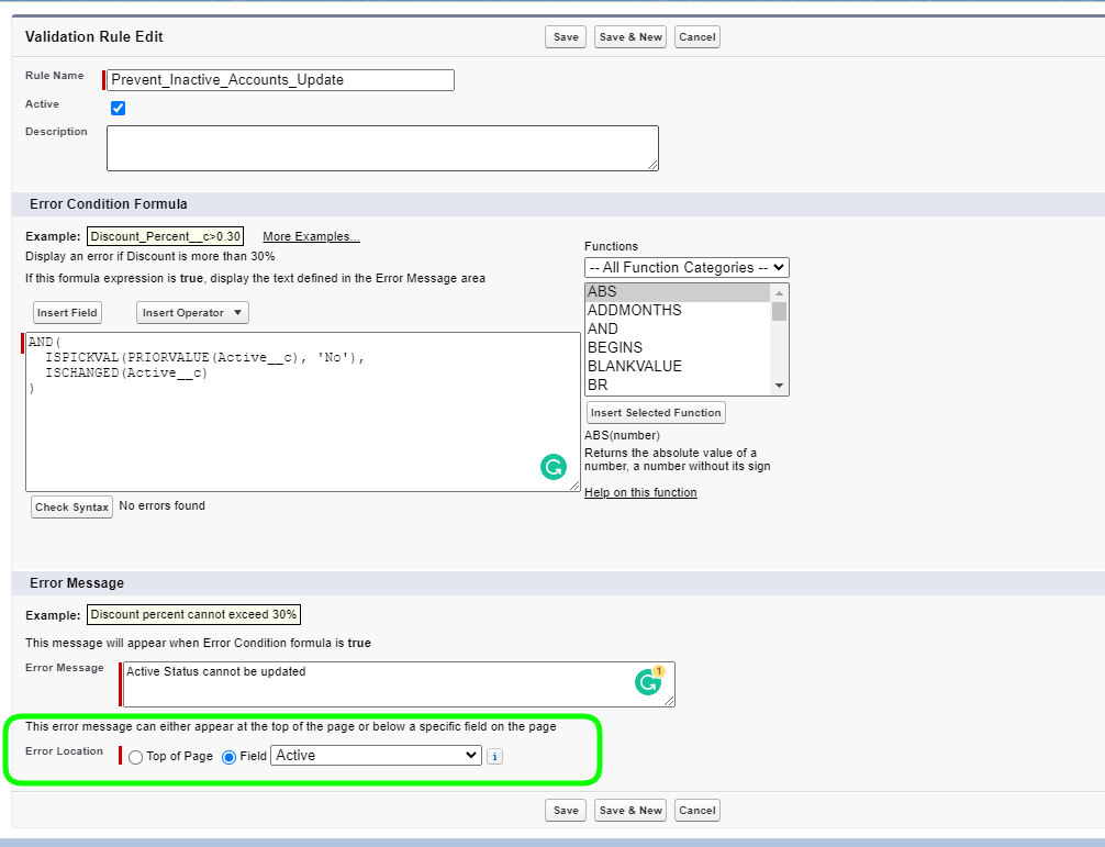 Salesforce Validation Rule To Prevent Field Editing Example