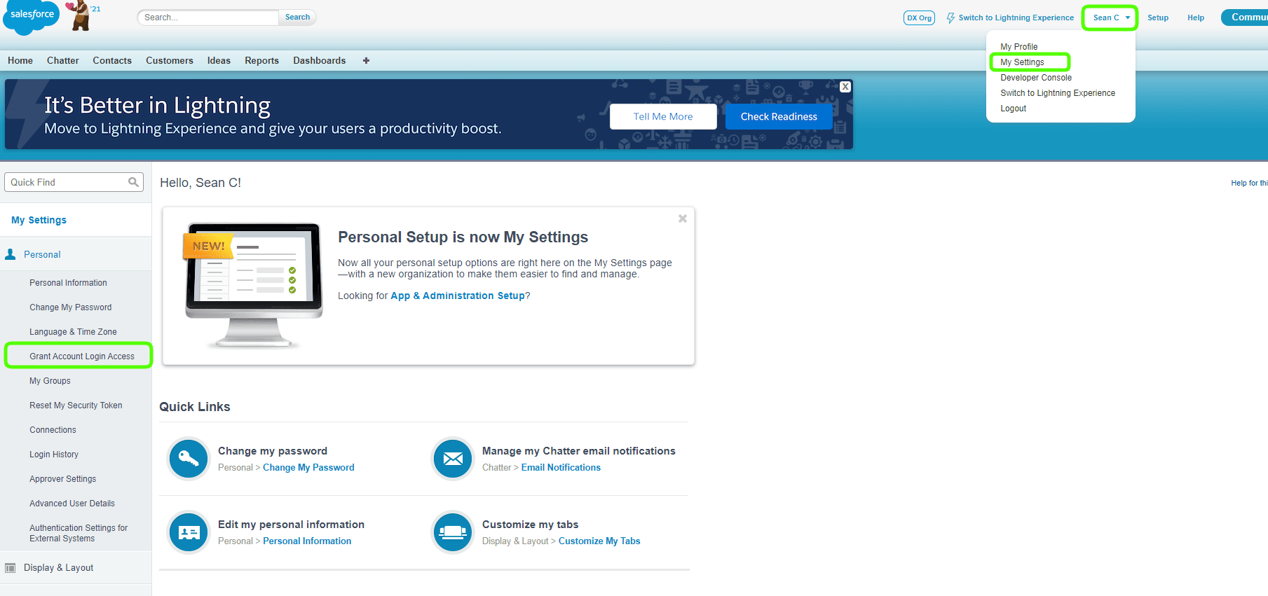 User settings in salesforce classic